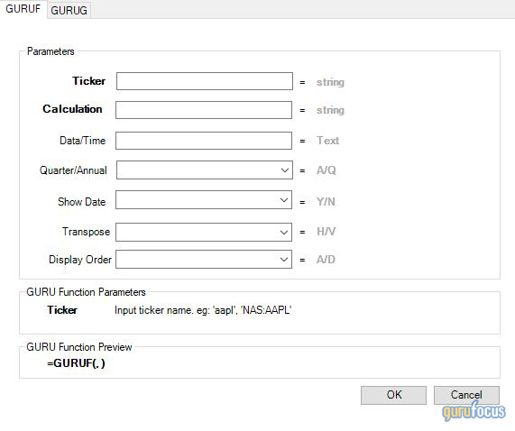 Try GuruFocus Excel Add-in GURUG Function