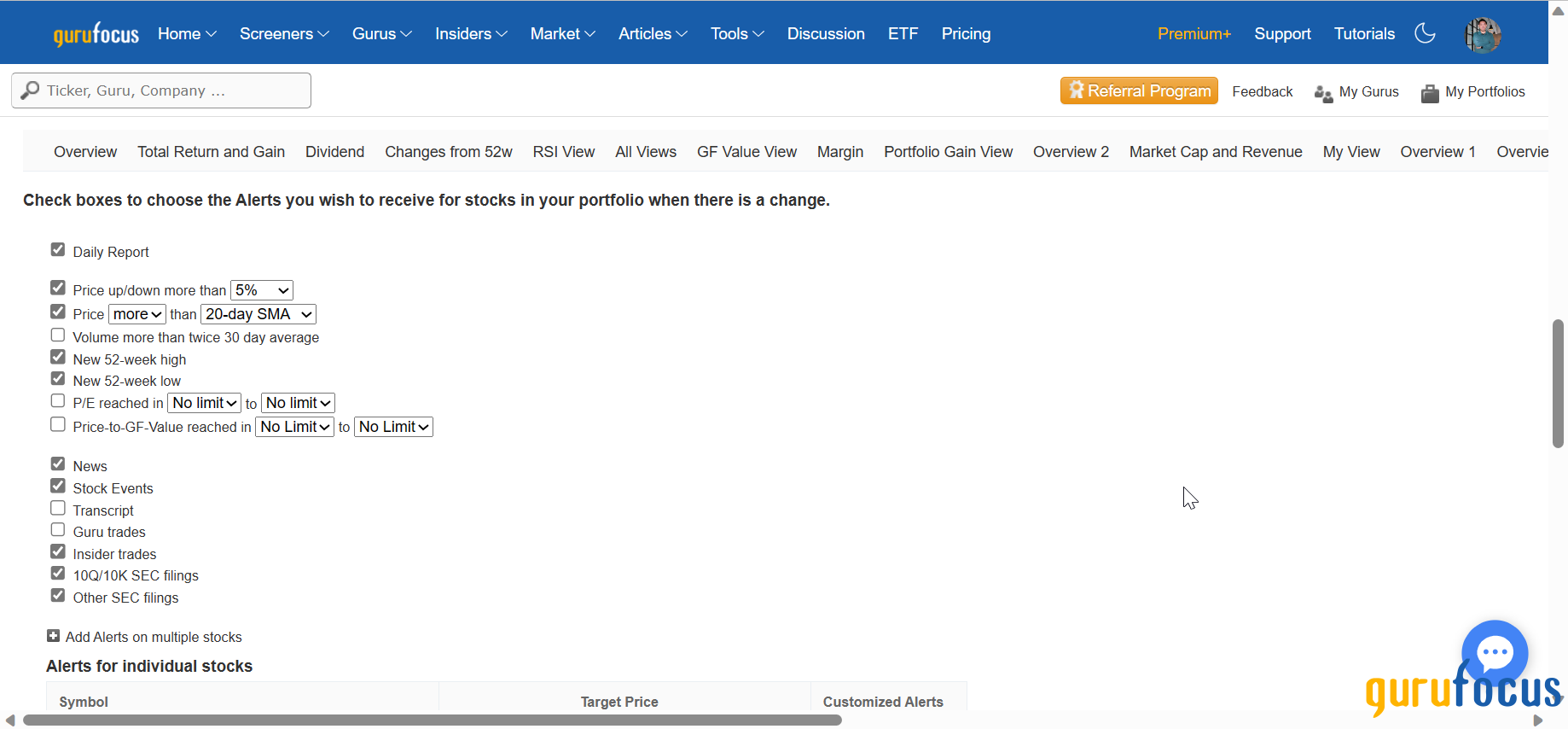 Setting Stock Alerts and Portfolio Update Alerts
